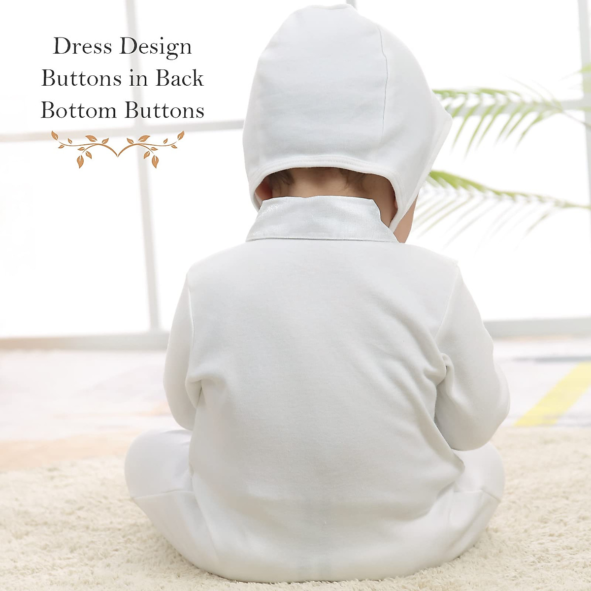 Booulfi Baby Boy Baptism Outfit Boys Christening Outfits Baby Boy Clothes 3-6 Months Newborn Boy Outfits Long Sleeves Baby Romper Hat BowTie 3 Pcs Baby Boy Clothing Set