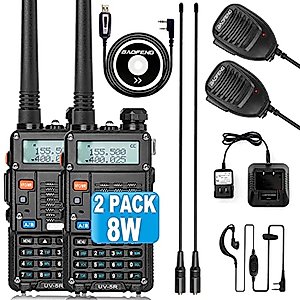 Ham Radio, BAOFENG 8W Dual Band Two Way Radio Long Range, Handheld UV5R Radio, Professional 2 Way Radios with Rechargeable Battery, Charger, Earpieces, Mic and Programming Cable (2 Pack)