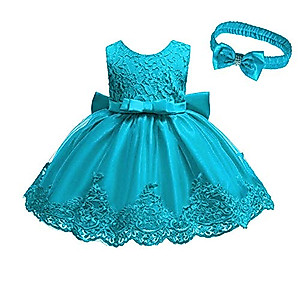 IMEKIS Toddler Girl Christening Baptism Gowns with Headband Bowknot Pageant Wedding Birthday Kids Princess First Communion Dresses Baby Dedication Dress Blessing Outfit Xmas Party Teal 12-18 Months