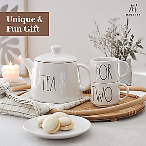 Rae Dunn Tea Set, “Tea for Two” Teapot and Stacking Teacup Set, Cute Ceramic Tea Set for Kitchen or Dining Room, 3-Piece Set