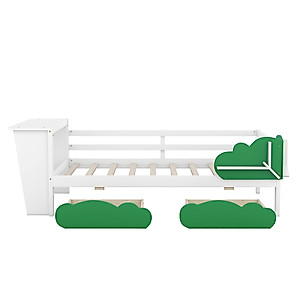 FIQHOME Twin Size Daybed with 2 Storage Drawers and Desk, Wood Kids Twin Bed Frame with Green Leaf Shape Shelves, Twin Sofa Bed Frame for Kids Girls Boys, No Spring Box Required, White