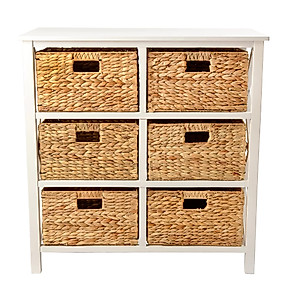 eHemco 3 Tier X-Side End Storage Cabinet, table with 6 Wicker Baskets for bedroom, living room in White