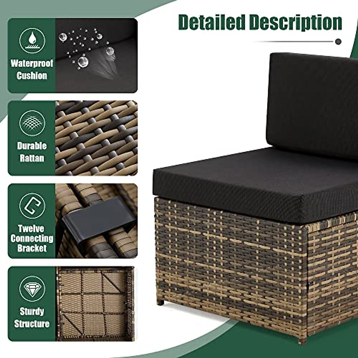 KROFEM 8 Pieces Patio Rattan Furniture Set with Hidden Storage, 7 Sofa Sections, Outdoor Wicker Conversation Set, Natural Color Rattan with Dark Grey Cushion