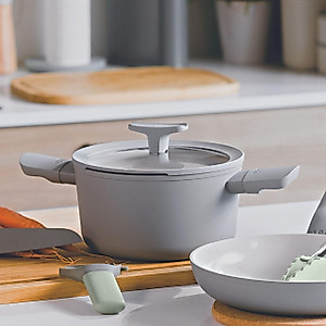 BergHOFF Balance Non-stick Ceramic Stockpot 8", 3.3qt., Multifunctional Glass Lid, Recycled Aluminum, CeraGreen Non-toxic Coating, Stay-cool Handle, Induction Pan, For Stew Soup Steam, Moonmist