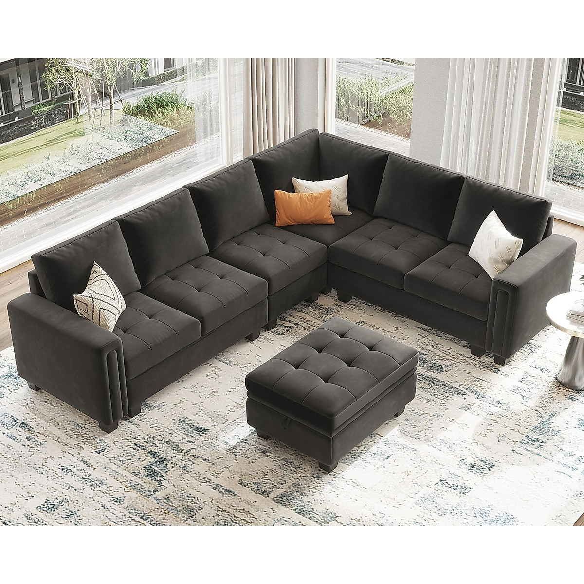 Belffin Velvet L Shaped Sofa Couch with Reversible Chaise Convertible Modular Sectional Sofa Set with Storage Ottoman Corner Sofa Set for Living Room Grey
