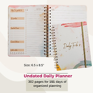 Undated Daily To Do Notebook - Planner Notepad List 6.5x8.5" Cute Colorful Design- Laminated Hard Cover & Rose Gold Spiral Binding- 302 Pages- Daily Task & Lined Notes Pages
