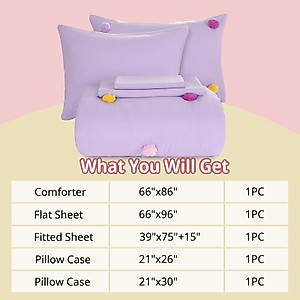 HOMBYS Pom Poms Bedding Comforter Set for Girls, 5 Piece Purple Boho Kids Comforter Set for All Season，Twin/Twin XL Size