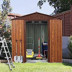 6.36 x 5.7ft Outdoor Metal Storage Shed with Floor Frame, Sliding Doors & Side Window, Sun Protection, Waterproof Tool Storage Shed for Garden, Patio, Lawn,Backyard (Brown & Wood Grain)