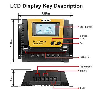 GCSOAR 60A Solar Charge Controller 12V 24V 36V 48V, Max PV 100VDC, Backlit Display, Solar Panels Off-Gird, Quattro USB Intelligent PWM Regulator for LFP, AGM, SLD, FLA BAT (60A)