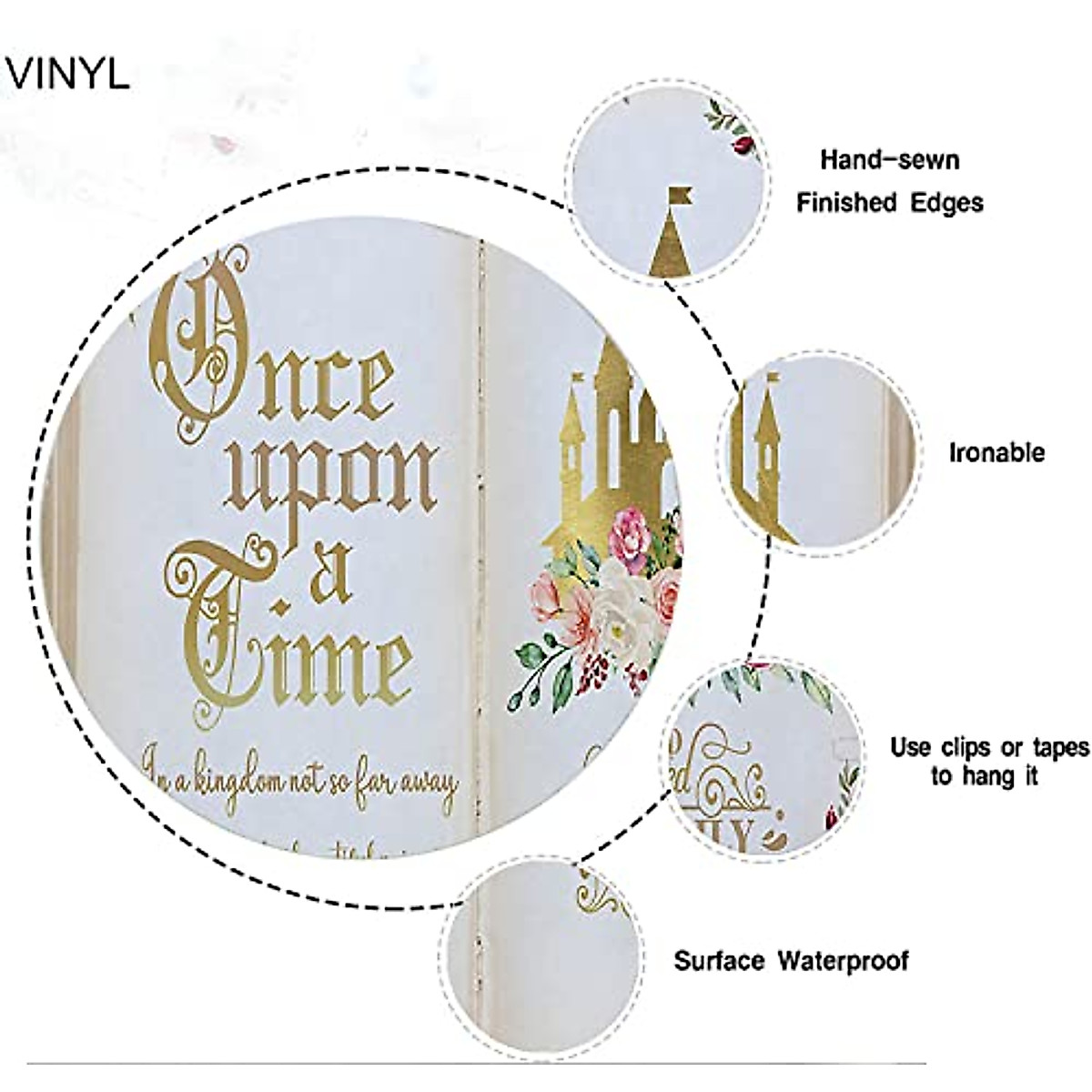 Aumeko Once Upon a Time Backdrop Pink Floral Gold Castle Princess Fairytale Birthday Party Decoration Girls First Birthday Party Photobooth Backdrop Supplies Cake Table Decorations