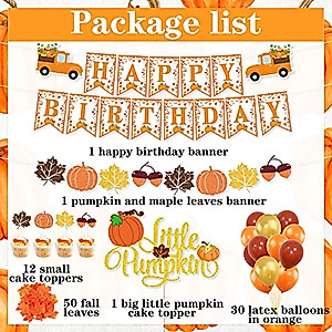 K KUMEED Little Pumpkin Party Decorations, Happy Birthday Pumpkin Banner Maple Leaves Cake Topper Latex Balloons for Fall Theme Baby Shower Birthday Decorations Party Supplies