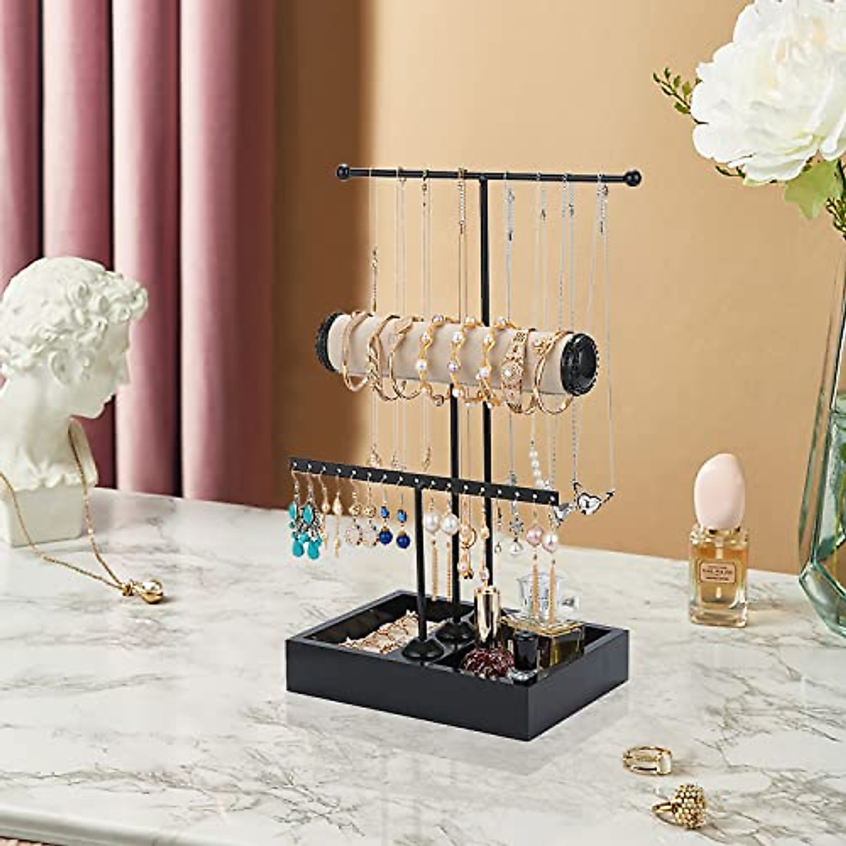 Pemilosci Jewelry Organizer Stand 3 Tier Hanging Jewelry Organizer for Earring Necklace Bracelet Holder Jewelry Ring Perfume Organizer Box Holder Storage (Black)……