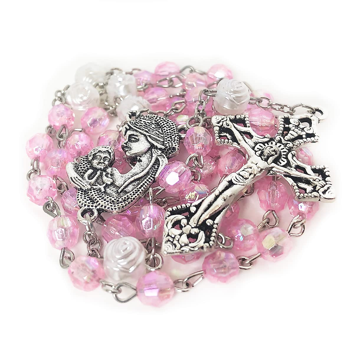 Mother Mary Pink Crystal Cut Rosary and Rosary Bracelet Set,Catholic Rosary,Rosarios Catolicos Para Mujer,Catholic Gifts Women,Rosario Regalos Para Mujer,Rosary Necklace for Women, Acrylic, acrylic