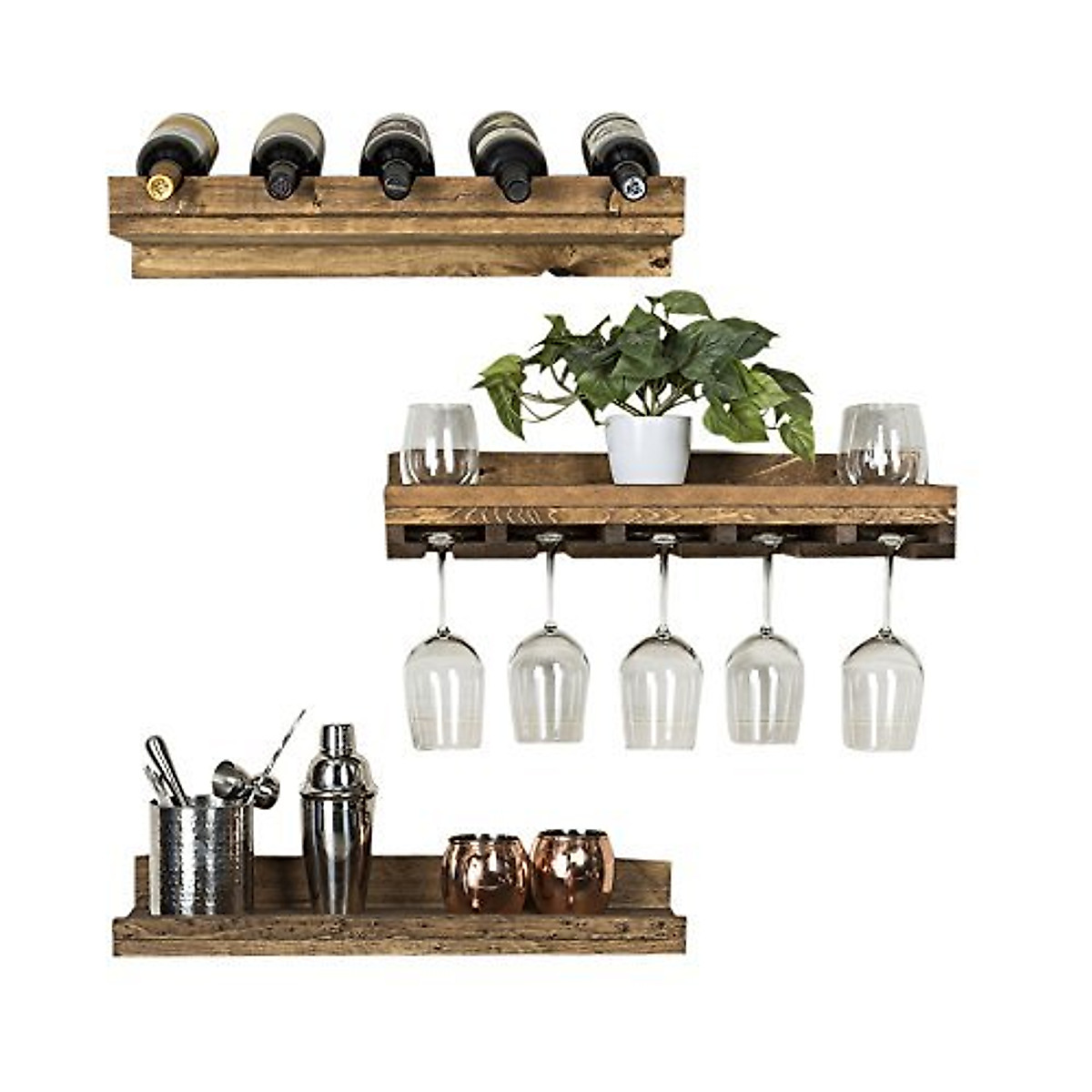Rustic Handmade Wall Mounted 24" Three Tiered Solid Wood Wine Bottle & Stemware Shelves Complete Set of 3 (Dark Walnut)