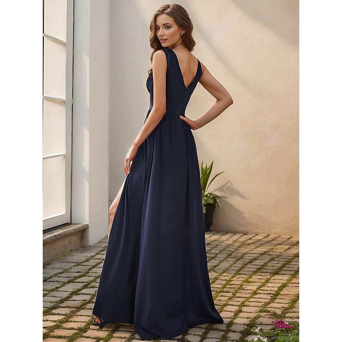 Ever-Pretty Women's Bridesmaid Dresses Deep V-Neck Sleeveless Side Slit Floor Length Wedding Guest Dress Navy Blue US4
