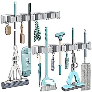 2 Pack Mop Broom Holder Wall Mount, Garden Tool Storage Organizer, Wall Hanger Hooks Rack for Home, Metal Aluminum Garage Laundry Room Organization and Storage, Silver (4 Slots&5 Hooks)