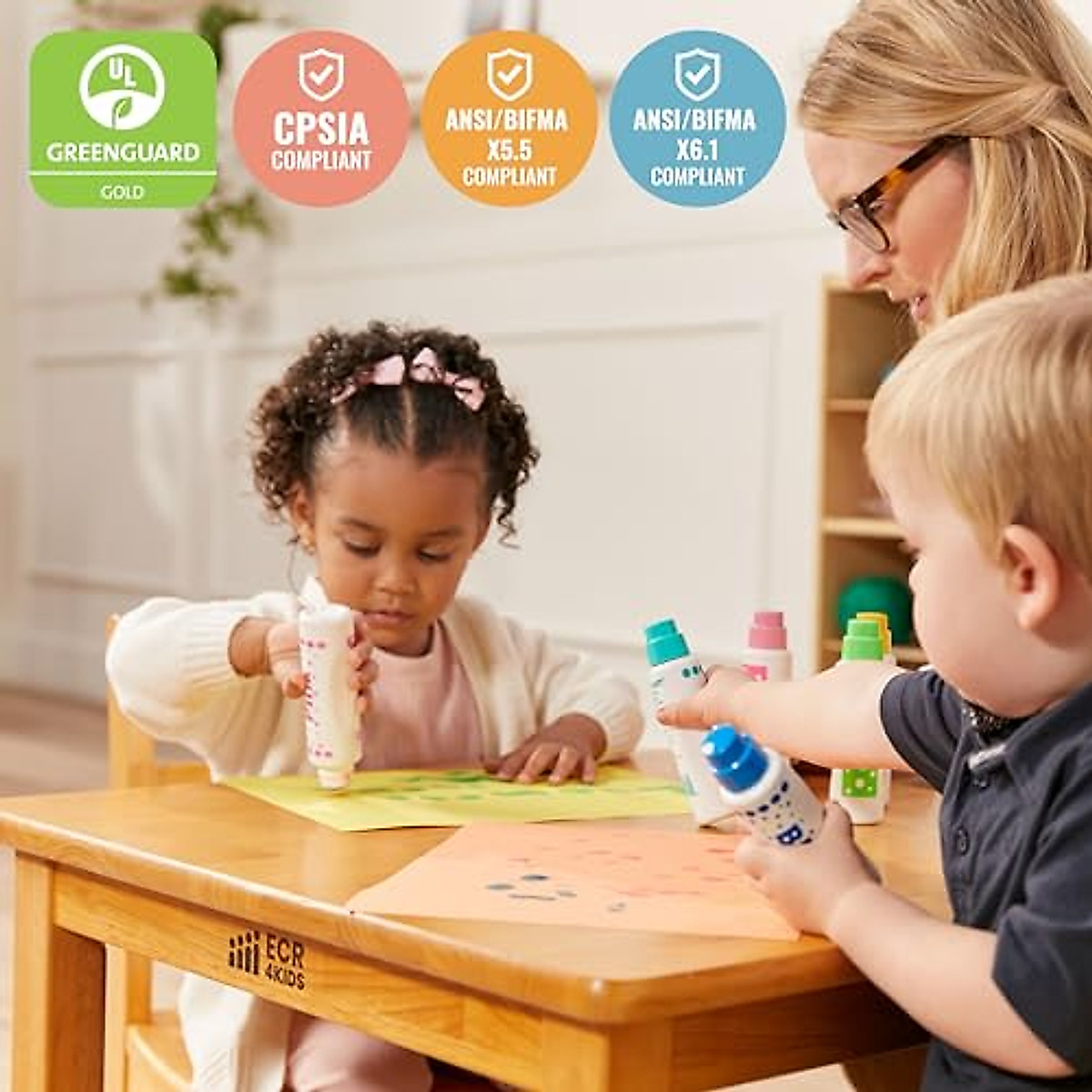 ECR4Kids Hardwood Table with 16in Legs and Two 8in Chairs, Kids Furniture, Honey