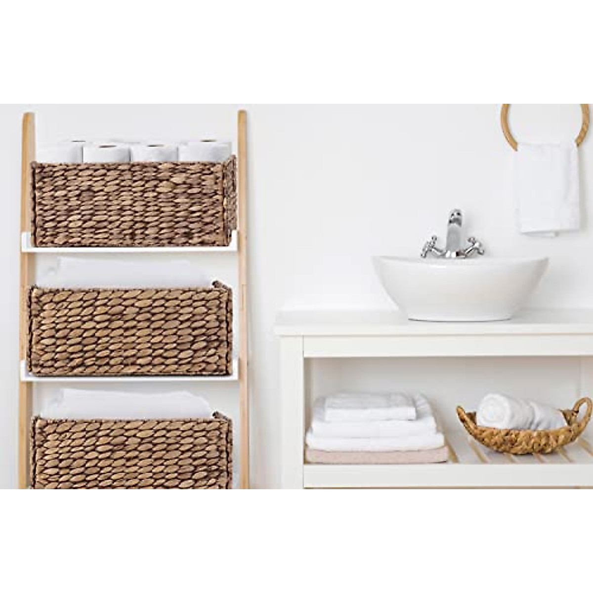BLUEWEST Woven Baskets for Storage (Set of 4), 15.2" x 11.8" Natural Wicker Hyacinth Storage Basket with Firm Built-in Handles, Multifunction Handwoven Basket for Organizing Kitchen/Bathroom/Laundry Room/Wardrobe/Living Room