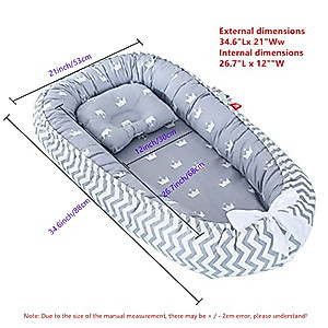 Vohunt Baby Lounger for Newborn,100% Cotton Co-Sleeper for Baby in Bed with Handles,Soft Newborn Lounger Adjustable Size & Strong Zipper Lengthen Space to 3 Tears Old(Wave Gray Crown)