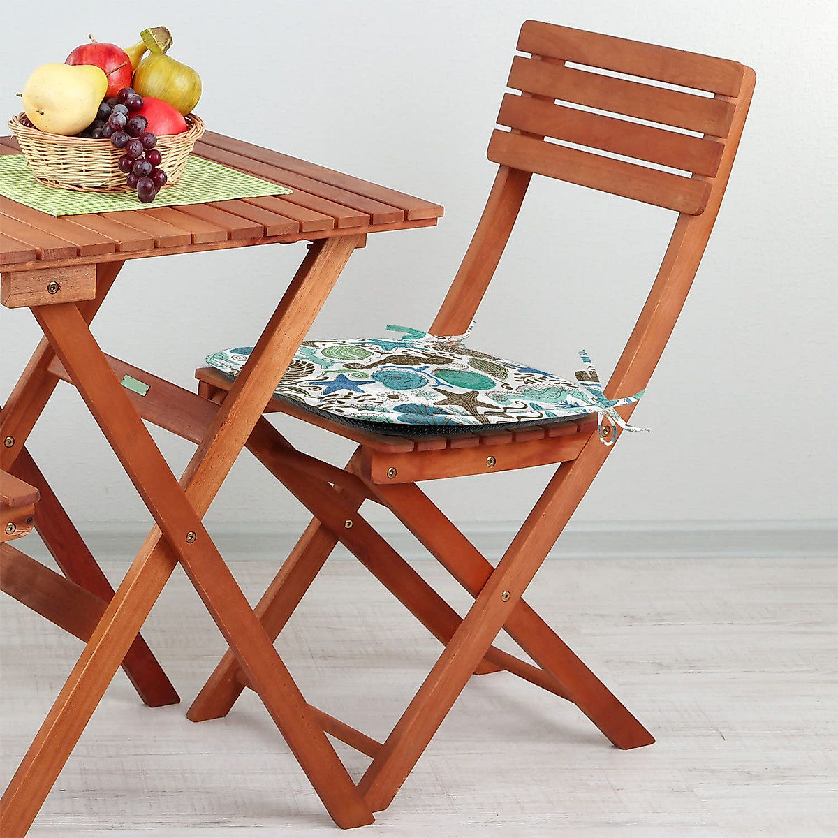 Ambesonne Sea Shells Chair Seating Cushion Set of 2, Maritime Art with Seahorse and Starfishes Hand Drawn Aquarium Pattern, Anti-Slip Seat Padding for Kitchen & Patio, 16"x16", Seafoam Brown Blue