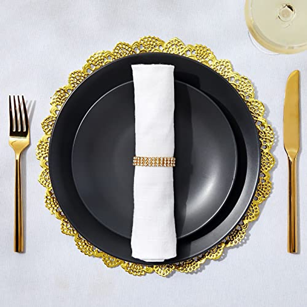 Juvale 60 Pack Round Paper Placemats for Dining Table, Formal Events, Decorative Gold Lace Paper Doilies, Bulk Disposable Charger Plates for Cakes, Desserts, and Baked Goods (12 in)