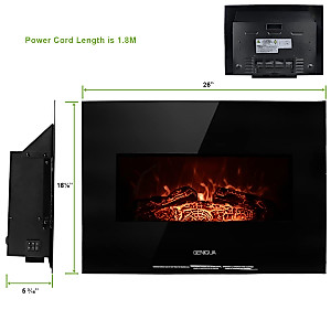 Geniqua 26" Wall Mounted Electric Fireplace Heater Adjustable 700w/1400w Log LED Flame Indoor Home Living Room Office Furniture