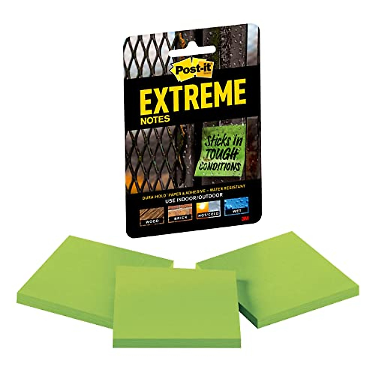Post-it Extreme Notes, Works outdoors, Works in 0 - 120 degrees Fahrenheit, Sticks where other notes can't, Green, 3 in x 3 in, 3 Pads/Pack, 45 Sheets/Pad (EXTRM33-3TRYGN) (EXTRM33-3TRYGN)