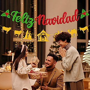 Merry Christmas Decoration Feliz Navidad Banner Nativity Garland Joy to the World backdrop Religious Xmas party Ornament Holy New Year Jesus Santa Bible God Bless theme Party Event Glitter Decor