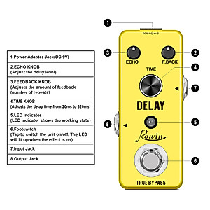 Rowin Analog Vintage Delay Guitar Effect Pedal with 9V DC 1A Pedal Power Supply