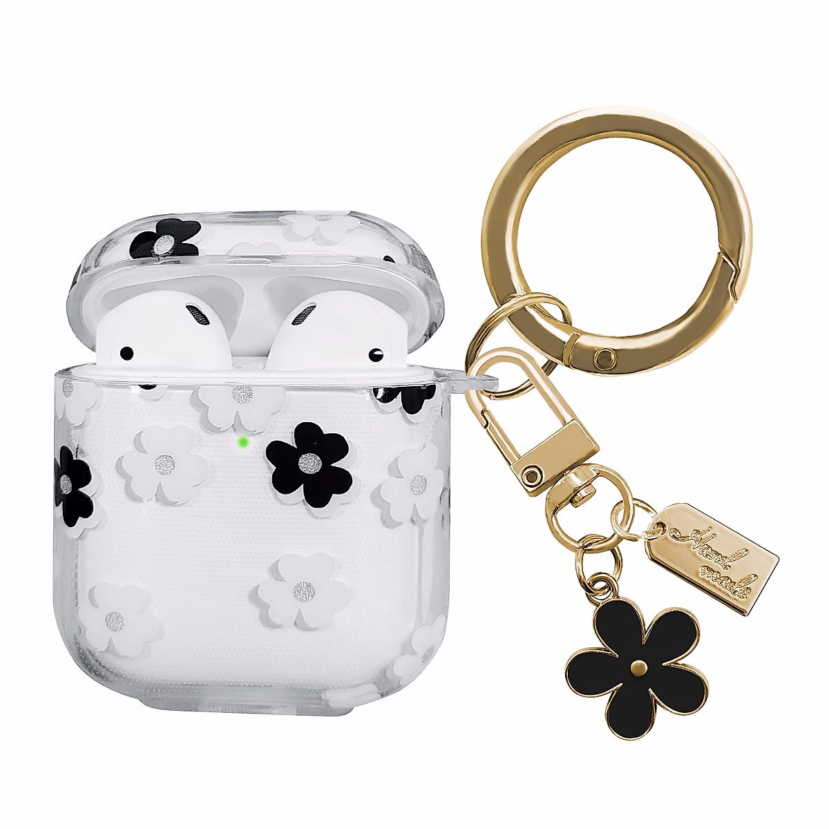 AIIEKZ Compatible with AirPods Case Cover, Soft TPU Case with Cute Flower Pattern for AirPods 2&1 Generation Case with Pendant Keychain and Carabiner for Girls Women (Black)