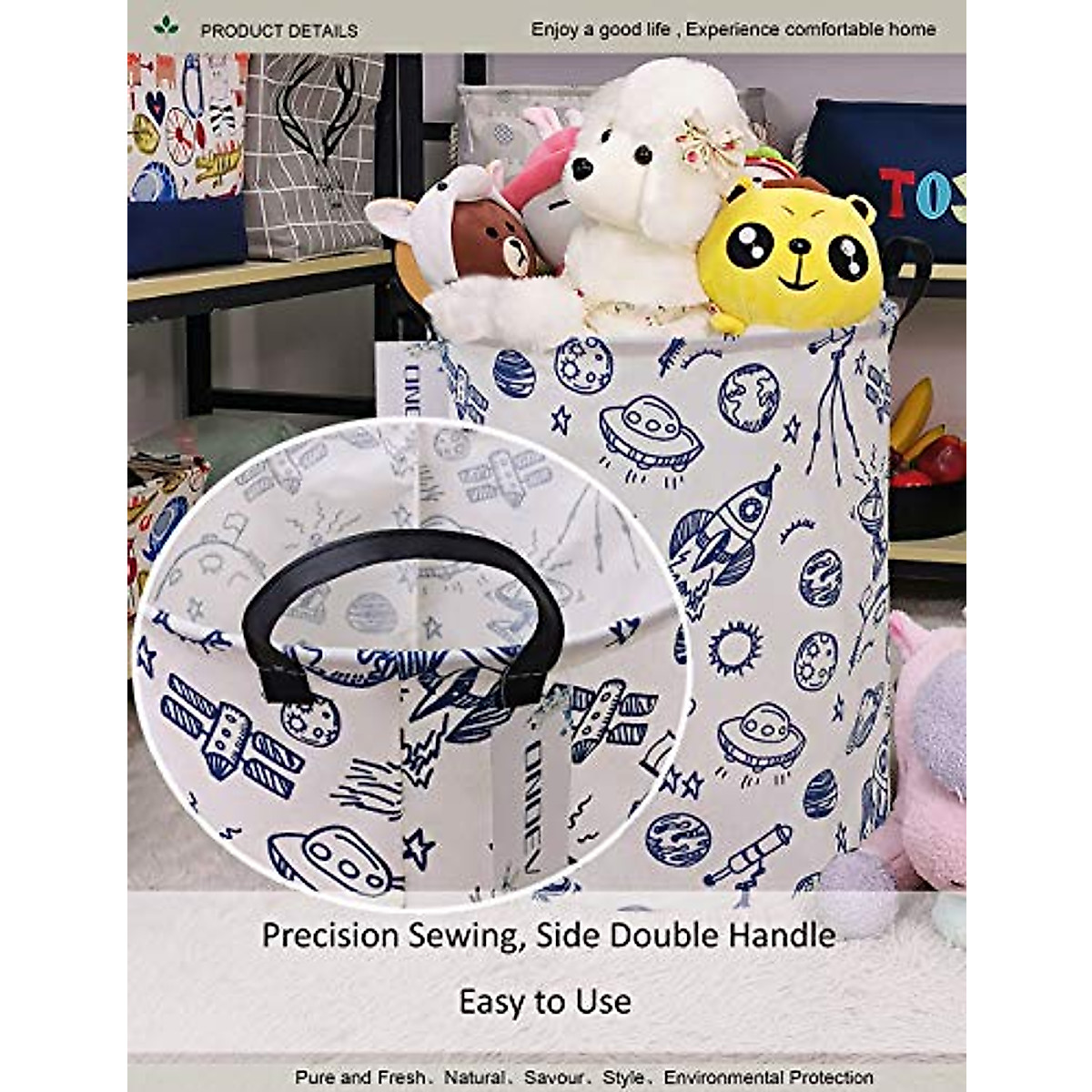 ONOEV Round waterproof laundry basket、foldable storage basket、laundry Hampers with handle、gift basket,suitable for children's room and toy storage (Blue Planet)