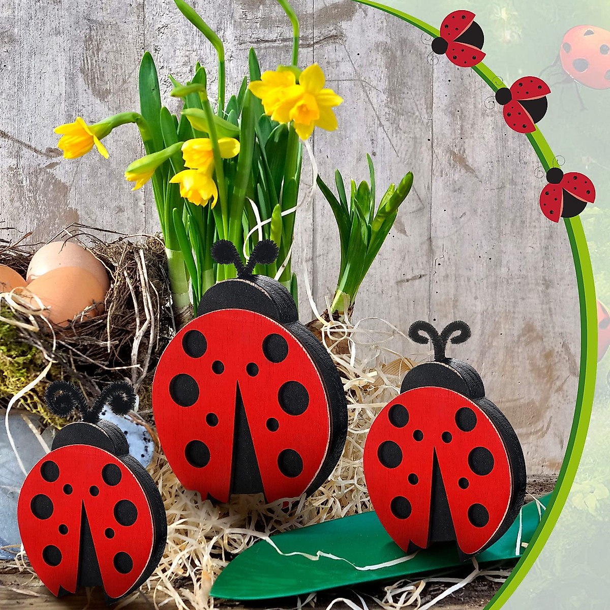3 Pieces Spring Summer Tiered Tray Decor Red Ladybug Wooden Blocks Signs Farmhouse Ladybird Free Standing Decor Kitchen Shelf Display Ladybug Daisy Tiered Tray Decoration Housewarming Gift
