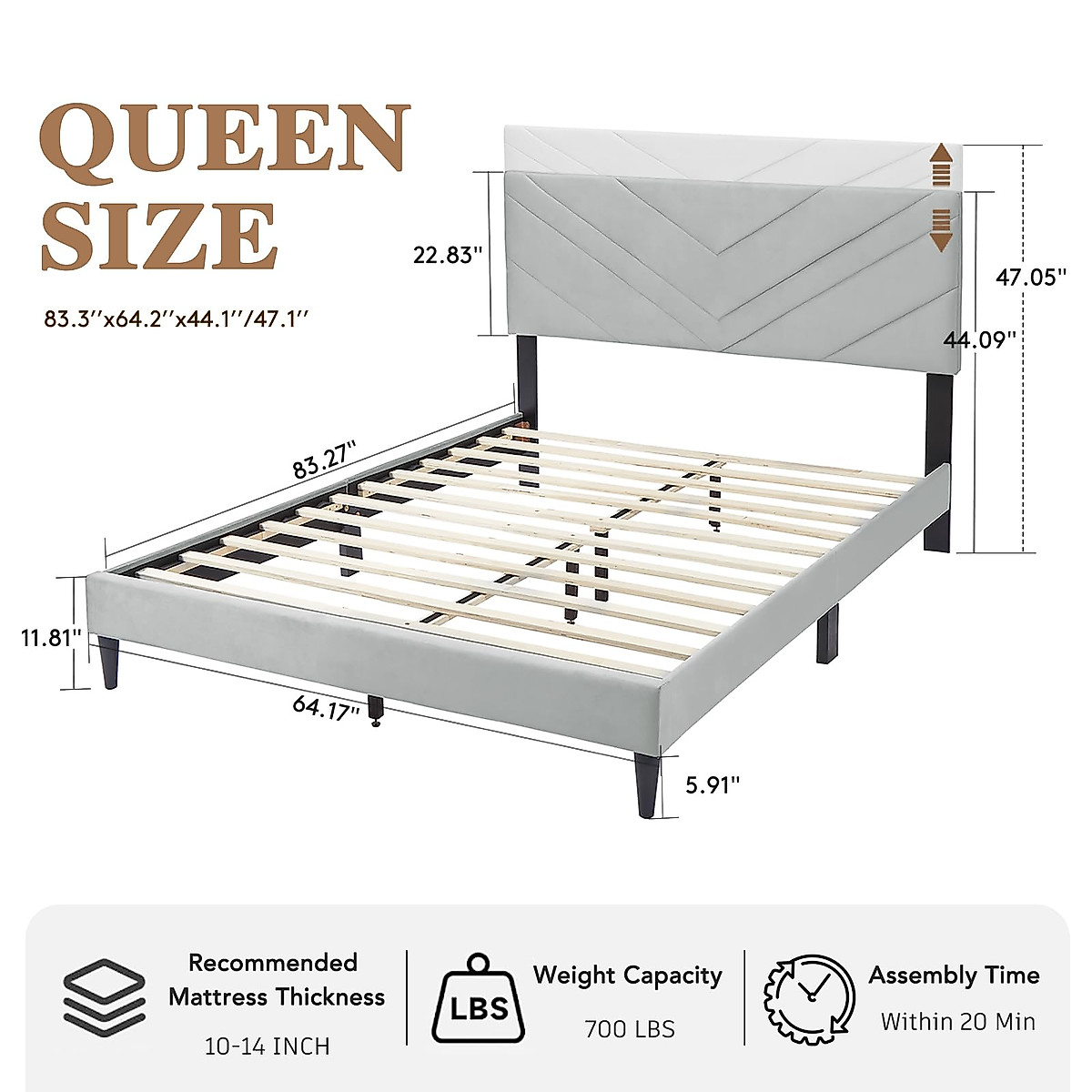 Zeelovtress Queen Size Upholstered Bed Frame with Adjustable Headboard, Velvet Platform Bed, Tufted Bedframe Mattress Foundation with Strong Wooden Slats, Easy Assembly, Light Grey