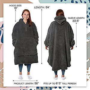 Tenby Wearable Blanket for Women and Men, Oversized One Size Fits All Blanket Hoodie Sweatshirt with Front Pocket, Cozy Indoor Outdoor Foldable Portable Sherpa with Handle and Trolley Straps, Gray