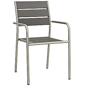 Modway Shore 7-Piece Aluminum Outdoor Patio Furniture Dining Set with Extendable 62 to 94 Inch Dining Table and Six Dining Arm Chairs in Silver Gray