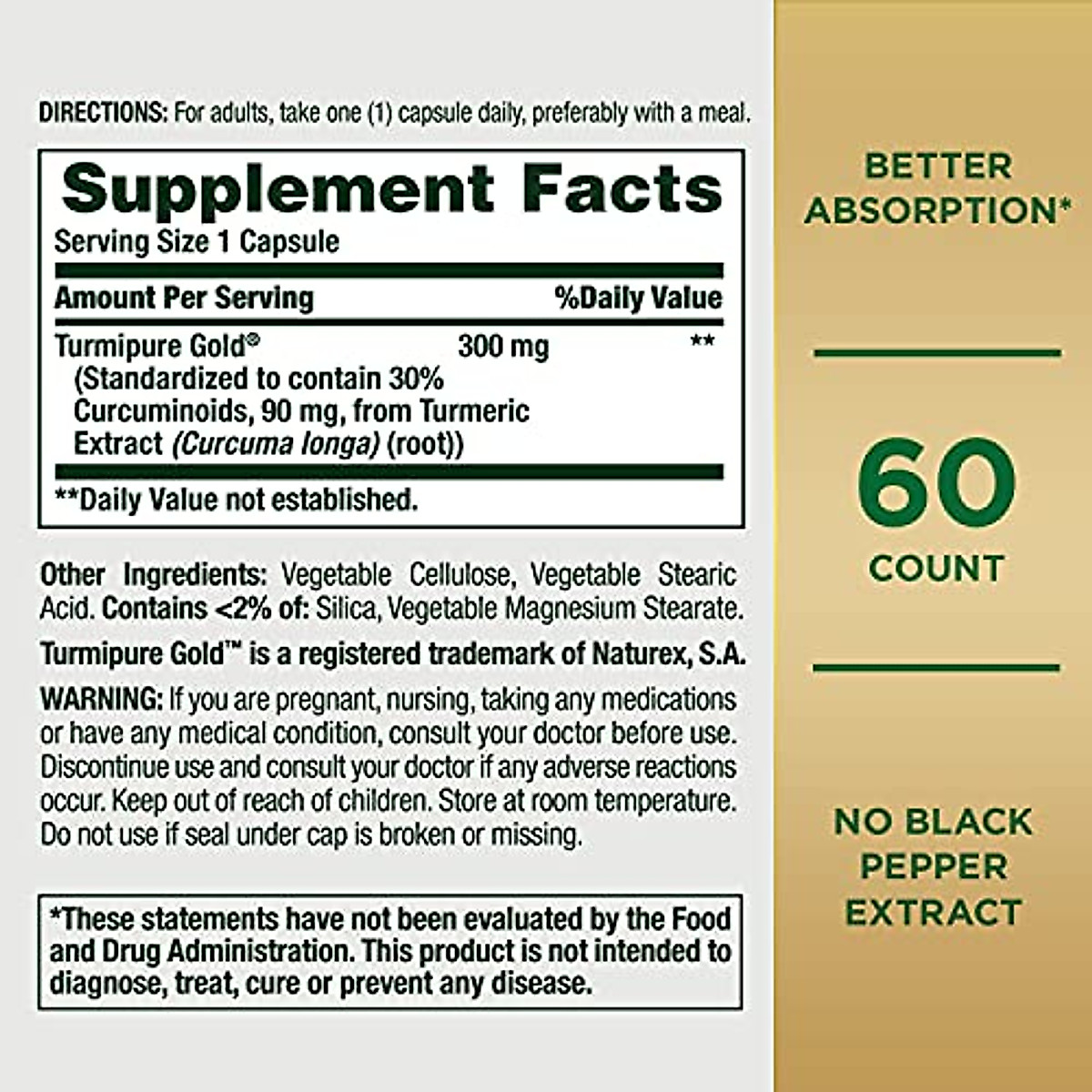 Nature's Bounty Advanced Turmeric Curcumin Provides 750% Better Absorption Without Black Pepper Extract or Bioperine. 60 Count Capsules. 60 Servings. Packaging May Vary