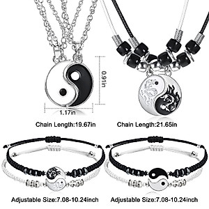 8 Pieces Matching Yin Yang Pendant Necklace Bracelet Set Couple Necklace Adjustable Cord Bracelet Black White Bracelet Accessories for BFF Friendship (Chic Style)