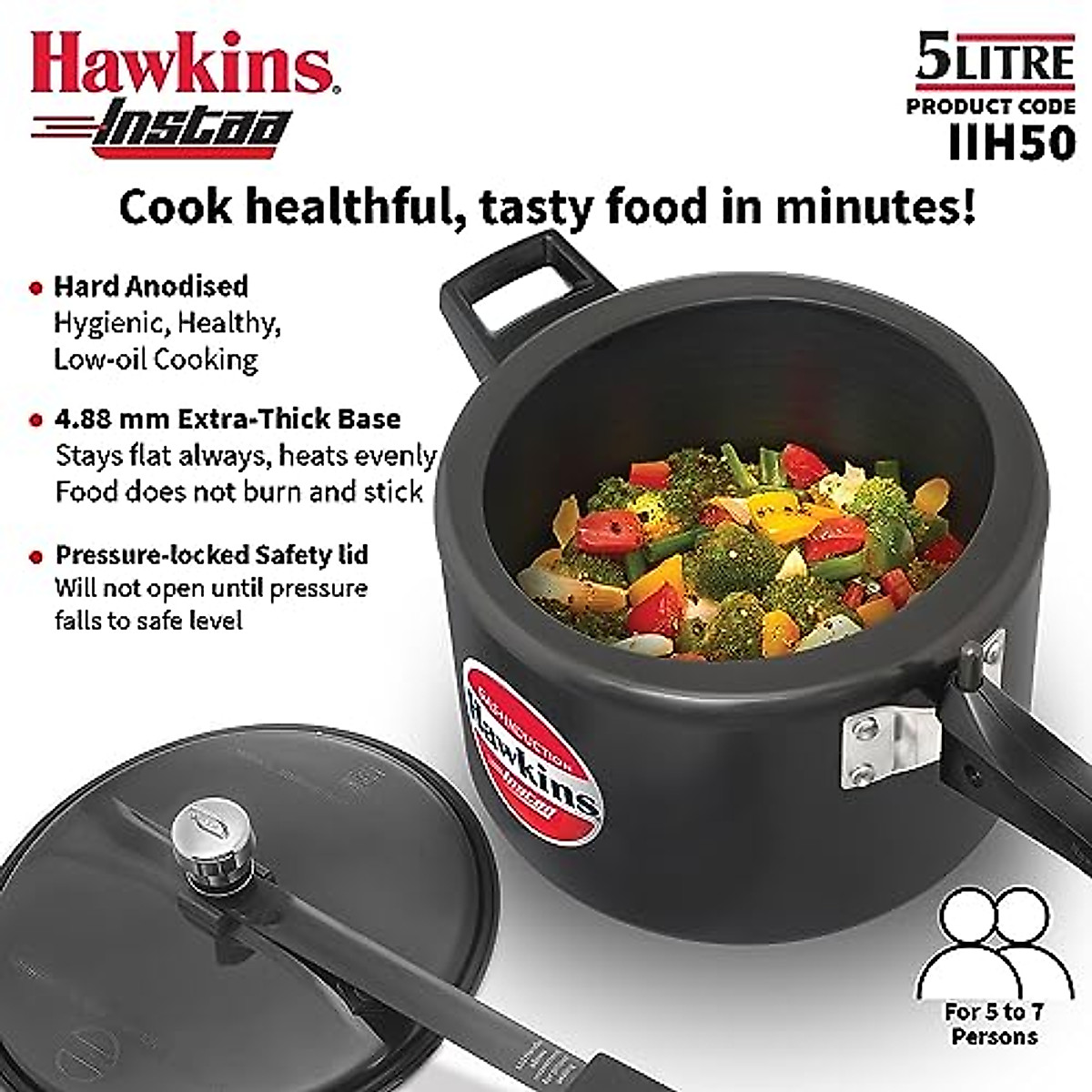 Hawkins 5 Litre Instaa Pressure Cooker, Induction Inner Lid Cooker, Tall Body Hard Anodised Cooker, Best Black Cooker, Black (IIH50)