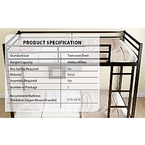 QSOSTNS Twin Over Twin Bunk Bed, Metal Low Profile Bunkbed with Side Ladder, Heavy-Duty Sturdy Metal, Noise Reduced, Safety Guardrail, No Box Spring Needed (Black)