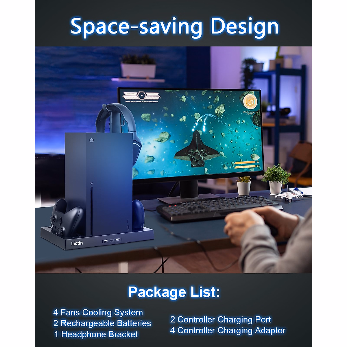 Lictin Cooling Fan Charging Station for Xbox Series X Console & Controller, Upgraded 4 Cooler Fan System Stand, Vertical Dual Charger Station Dock Accessories with 2 x 1400mAh Rechargeable Battery