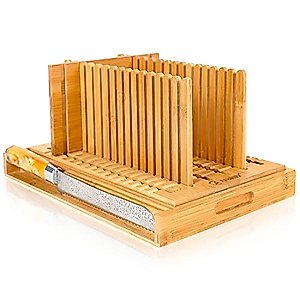 Bread Slicer for Homemade Bread, Adjustable Thickness and Width Slicing Guides, Plug in Slicer Guide Design, with Crumb Tray, Damascus steel pattern knife, for Cakes, Bagels