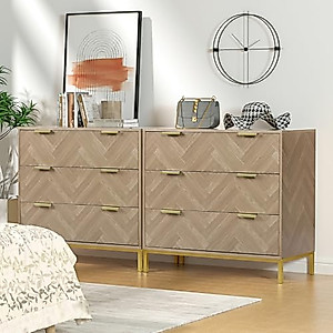 Anmytek Modern 3 Drawer Chest Dresser, Mid Century Natural Oak Organizer Bedroom Furniture with Gold Metal Legs H0037