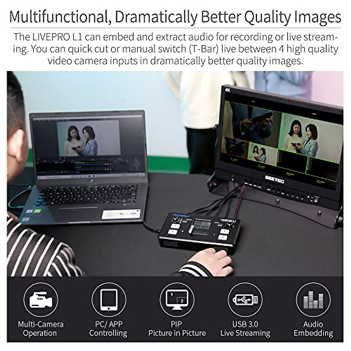 FEELWORLD LIVEPRO L1 4 x HDMI Inputs Multi Format Video Mixer Switcher USB 3.0 Output Real Time Live Streaming Multi Camera Production