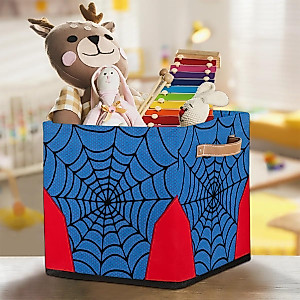 LLCXCSI Storage Bin Closet Organizer Bins with Handles, Blue Spider Web Decorative Collapsible Cube Storage Baskets for Nursery Shelf, Clothes, Toy, Towel, Book, 13"x 13"