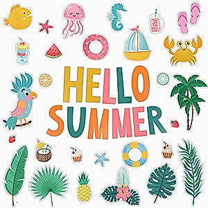 40-Piece Cut-Outs Summer Beach Theme, Summer Beach Sea Creatures Hello Summer Cut-Outs with 80Pcs Glue Point Dots for Classroom Bulletin Board Learning Activities Tropical Luau Hawaiian Decorations