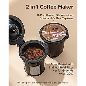 Famiworths Mini Coffee Maker Single Serve, Instant Coffee Maker One Cup for K Cup & Ground Coffee, 6 to 12 Oz Brew Sizes, Capsule Coffee Machine with Water Window and Descaling Reminder, Black