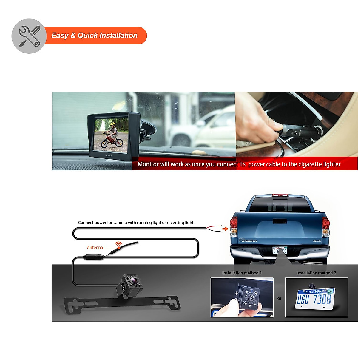 Digital Wireless Backup System, Waterproof and Night Vision Wireless License Plate Rear View Camera + 4.3’’ Wireless Display for RV, Cars, Truck, Vans