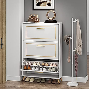 LITTLE TREE Mid-Century Modern White and Gold 3 Flip Drawers Shoe Storage Cabinet for Entryway