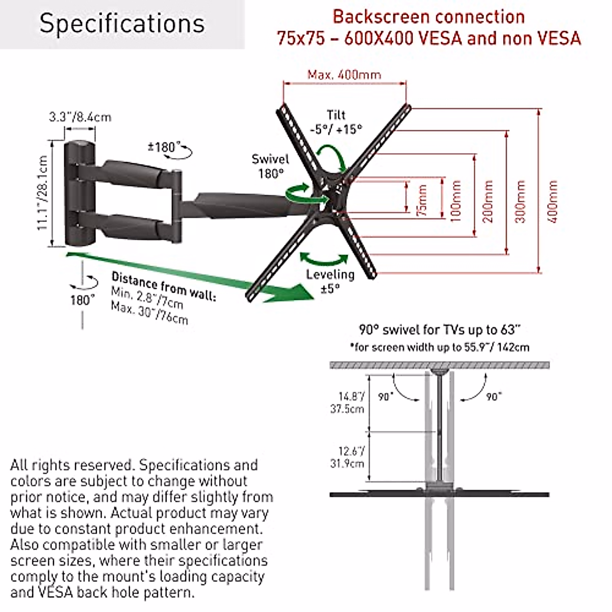 Barkan Long TV Wall Mount, 13-65 inch Full Motion Articulating - 4 Movement Flat/Curved Screen Bracket, Holds up to 79lbs, Extremely Extendable, Fits LED OLED LCD