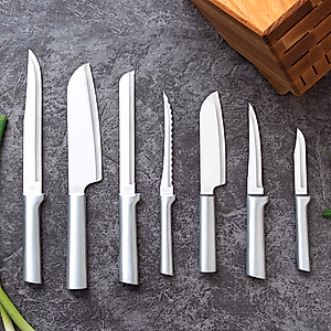 RADA Essential Oak Block Set of 8 Silver Handled Knives With Knife Sharpener